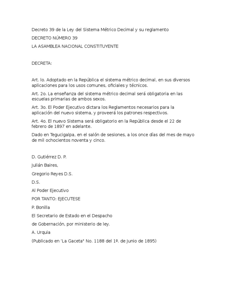 Decreto 39 de La Ley Del Sistema Métrico Decimal y Su Reglamento | PDF ...