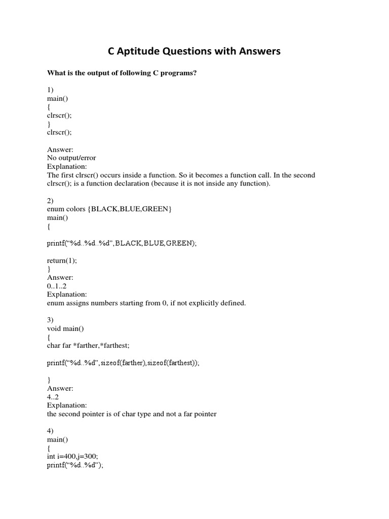 C Aptitude Questions With Answers 1 Download Free Pdf C Programming Language Pointer