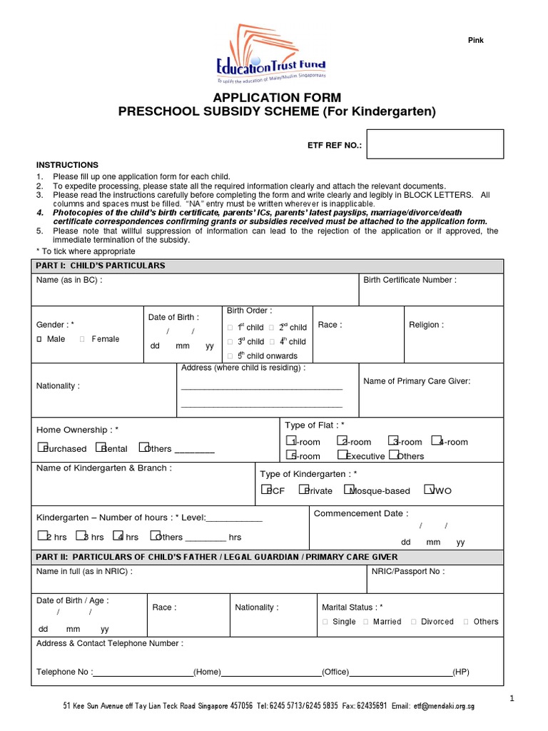 Preschool Subsidy Application Form | PDF | Child Care | Relationships