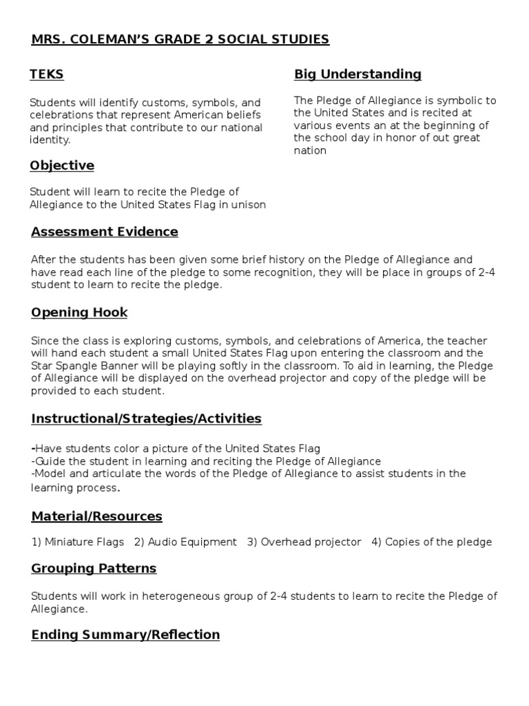 Grade 2 Pledge of Allegiance Lesson | PDF