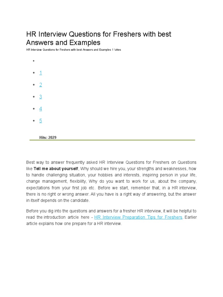 HR Interview Questions For Freshers With Best Answers and Examples ...