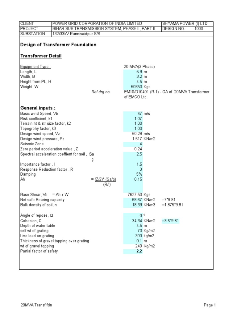Design of Transformer Foundation Transformer Detail: Ref DRG No | PDF ...