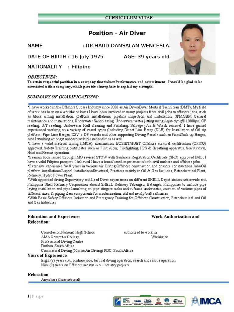 CV Air Diver Expertise 9+ Yrs Offshore | PDF | Underwater Diving ...