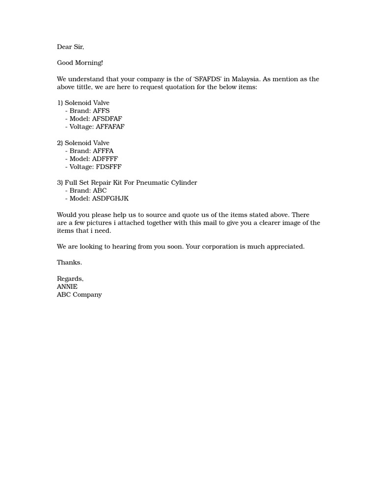 Sample of Parts Inquiry Letter | Gas Technologies | Mechanical Engineering