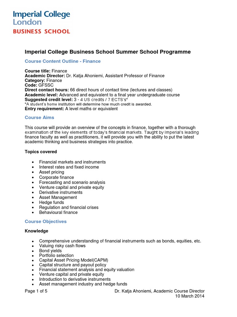 Finance Course Outline at Imperial College | PDF | Investment ...