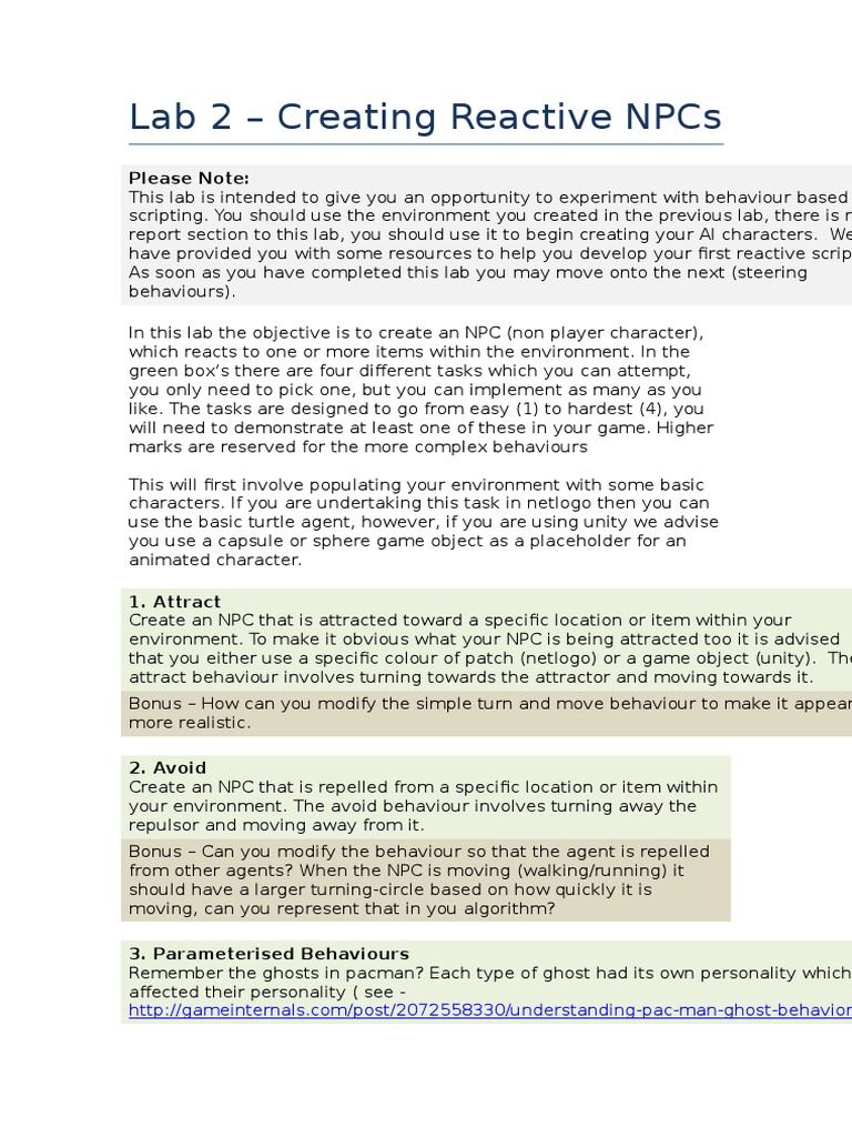 Lab 2 - Creating Reactive NPCS: Please Note | PDF | Cognitive Science ...