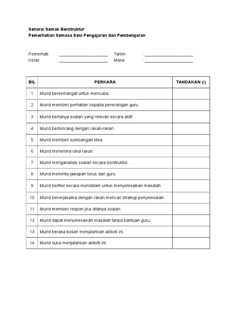 Senarai Semak Berstruktur (Pemerhatian) - Lampiran 2 | PDF