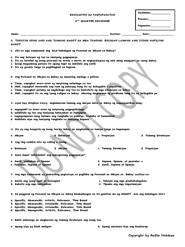 Edukasyon sa Pagpapakatao 09 4th Quarter Long Test