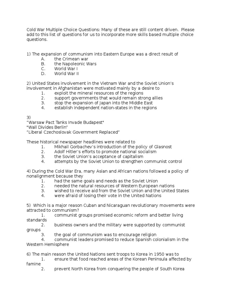 Cold War Test Questions | PDF | Cold War | Soviet Union