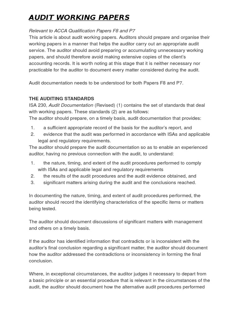 Audit Working Papers | Financial Audit | Audit