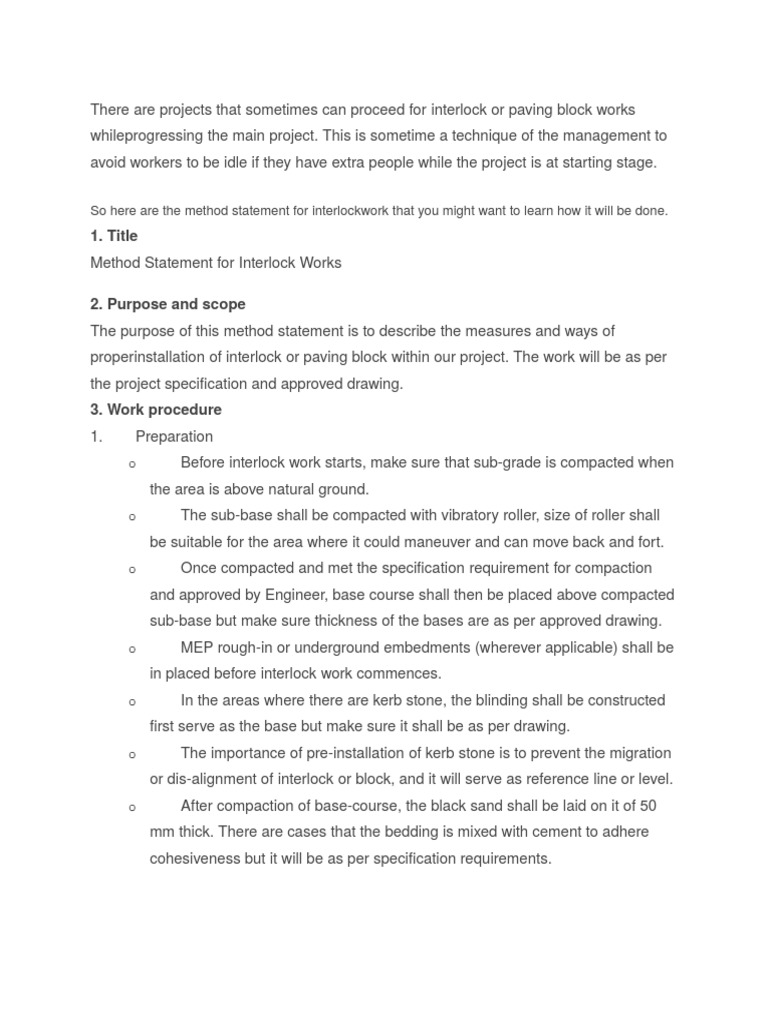 Method Statement For Interlocking Blocks | PDF | Industries | Nature