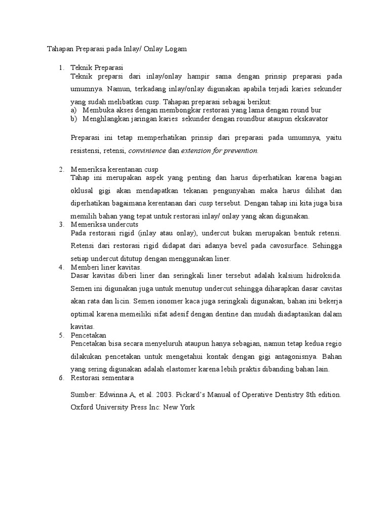 Teknik Preparasi Inlay/Onlay Logam | PDF | Teknologi & Rekayasa