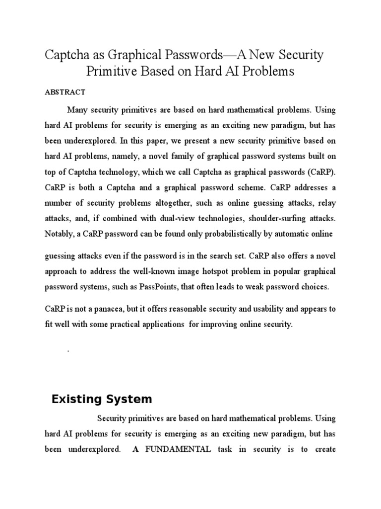 Captcha As Graphical Passwords-A New Security Primitive Based On Hard AI Problems | PDF ...