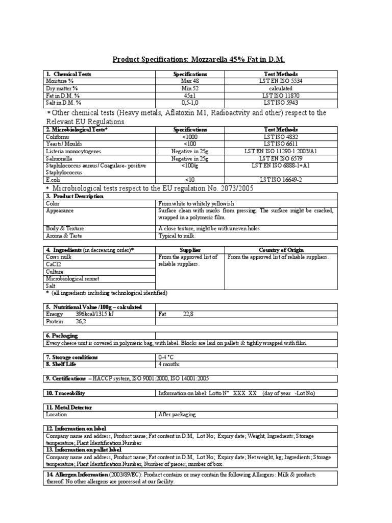 Mozzarella Cheese Product Specifications | PDF | Cheese | Fat
