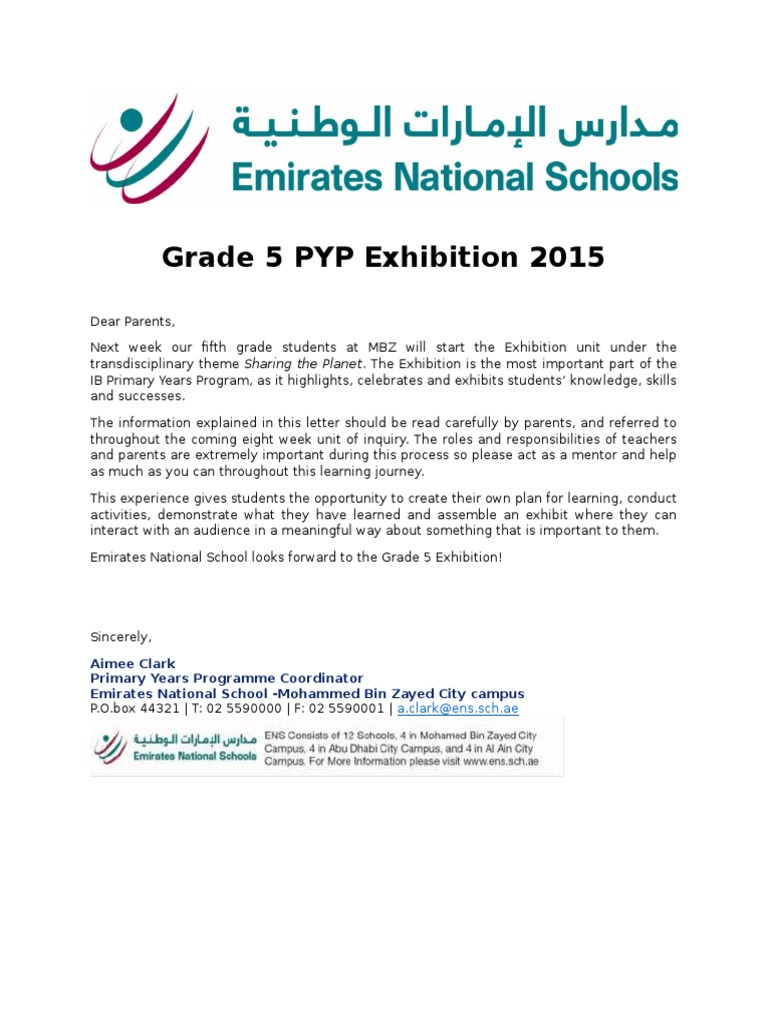 Parent Letter Grade 5 Pyp Exhibition 2015 | PDF | Metacognition | Learning