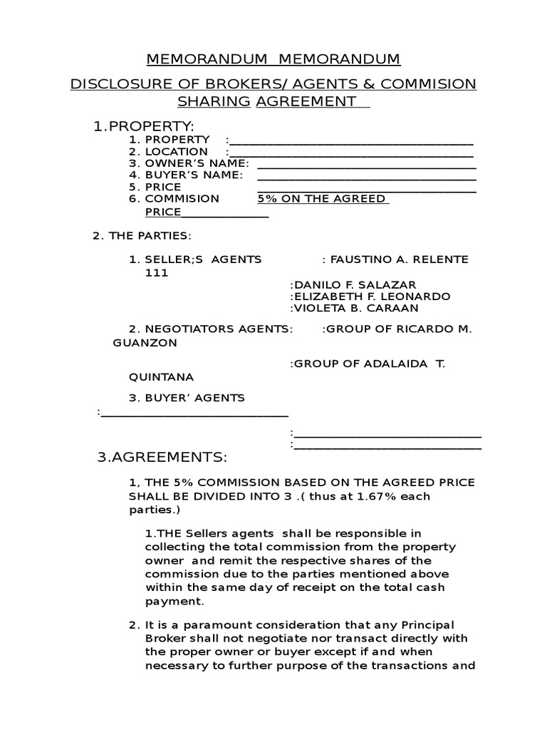 Memorandum Memorandum Disclosure of Brokers/ Agents & Commision Sharing ...