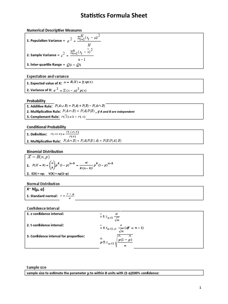 Statistics Formula Sheet | PDF | Variance | Normal Distribution