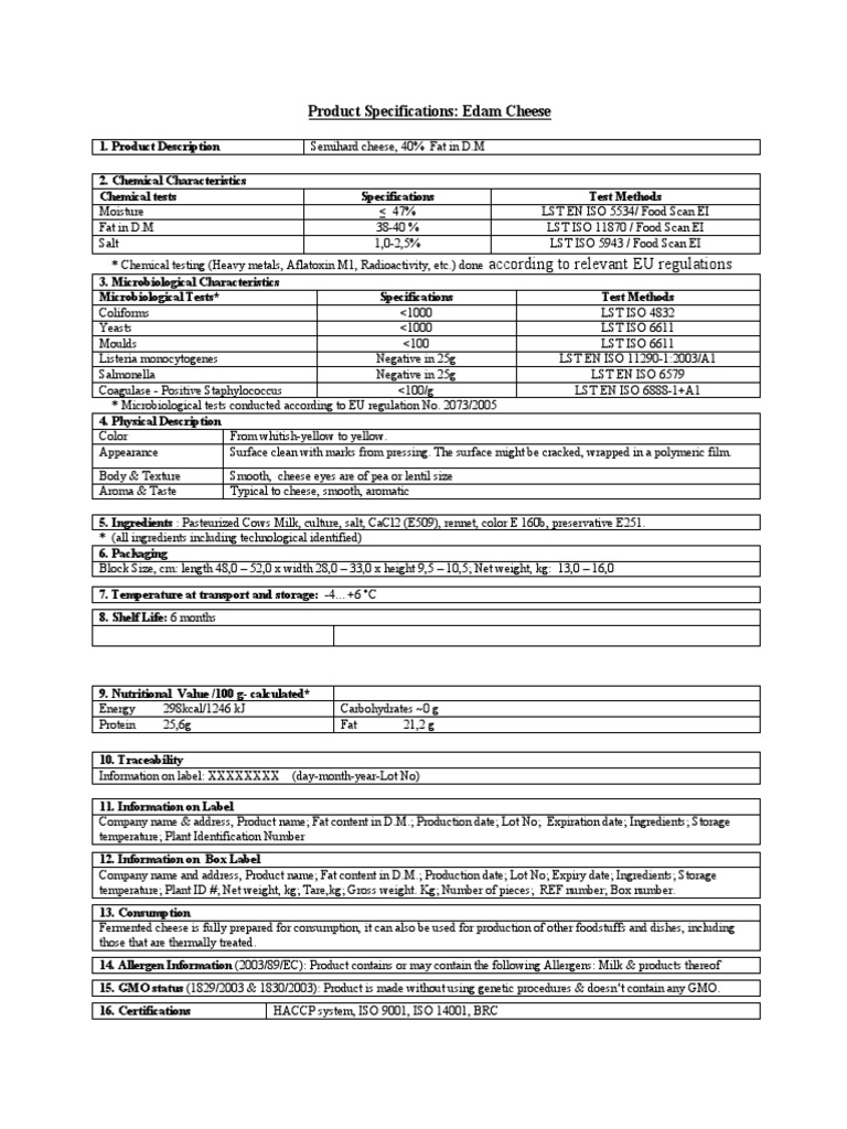 Product Specifications: Edam Cheese | PDF | Cheese | Foods