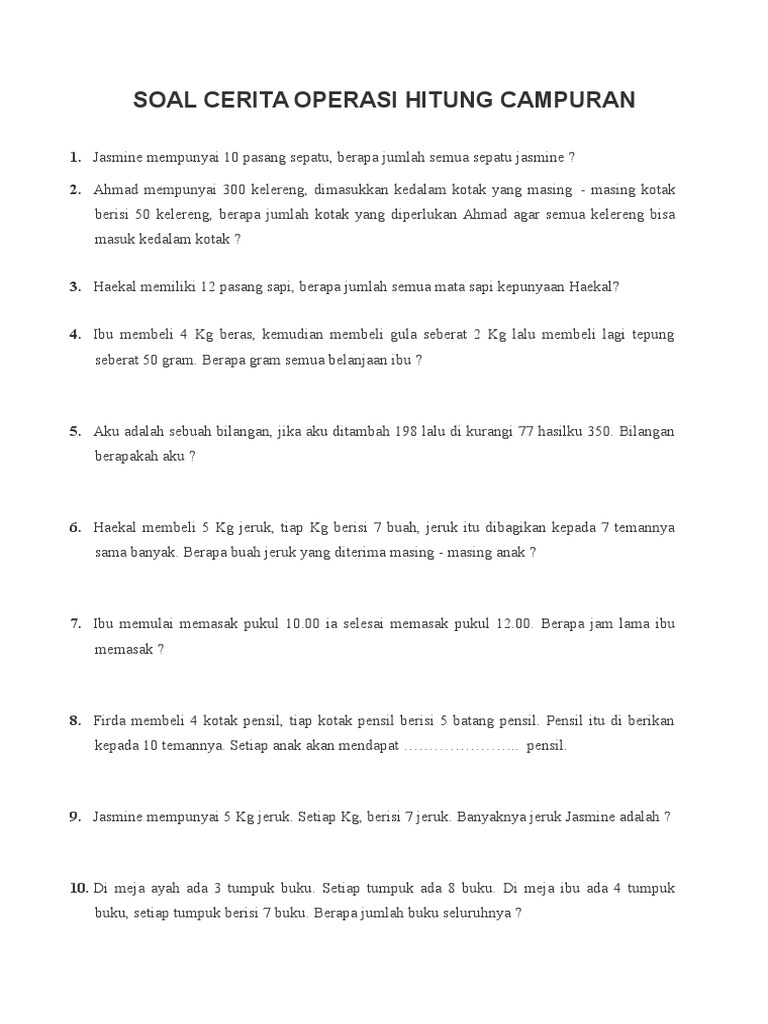 Soal Cerita Operasi Hitung Campuran | PDF