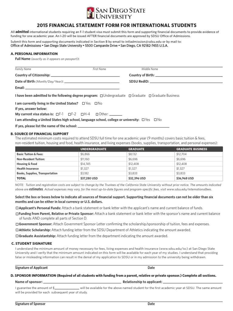 2015 Financial Statement Form For International Students: Family Name ...
