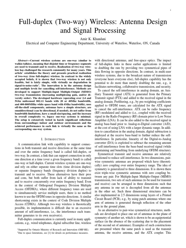 Full-Duplex (Two-Way) Wireless: Antenna Design and Signal Processing ...