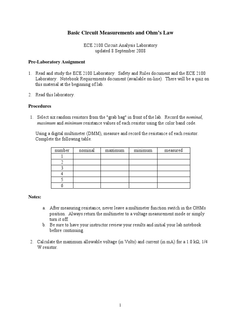 Basic Circuit Measurements and Ohms Law Lab | PDF | Resistor ...