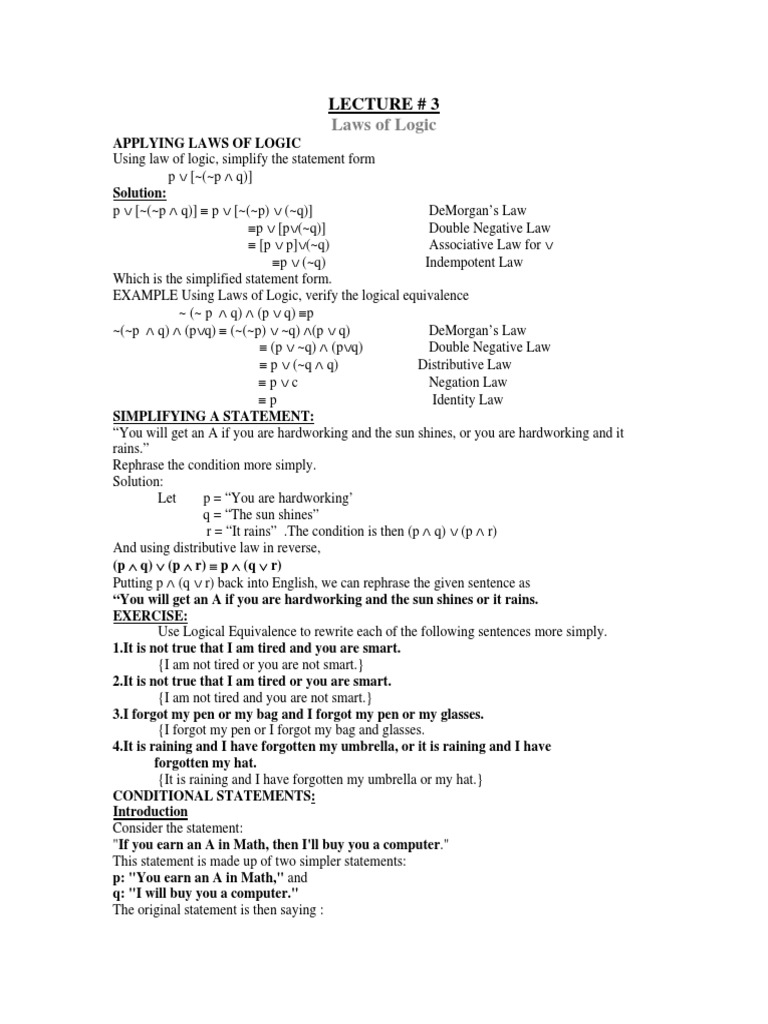 Laws of Logic: Lecture # 3 | PDF | Logical Expressions | Cognitive Science