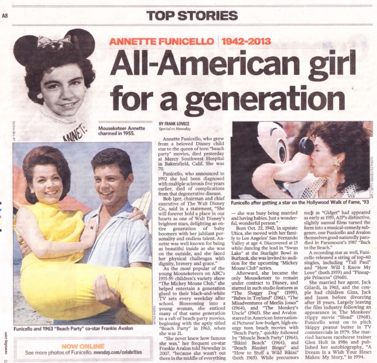 Annette Funicello Obituary | PDF | Walt Disney | The Walt Disney Company