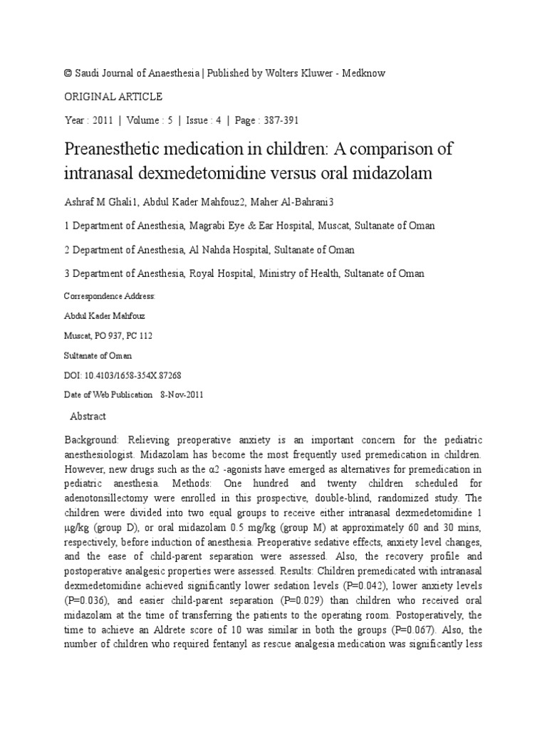 Preanesthetic Medication in Children: A Comparison of Intranasal ...
