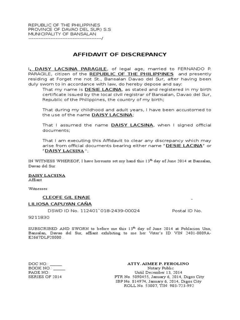 Affidavit of Discrepancy | PDF | Affidavit | Official Documents