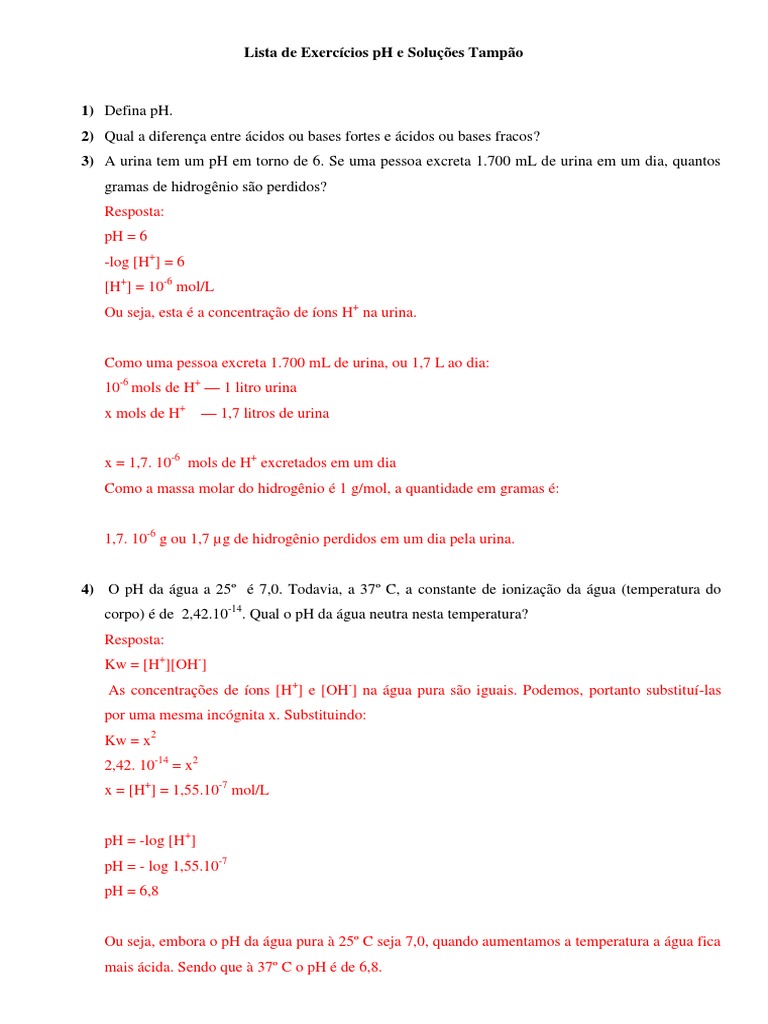 Bioquimica Lista Exercicio 1 PH Solucoes Tampao Respostas | Ph | Ácido