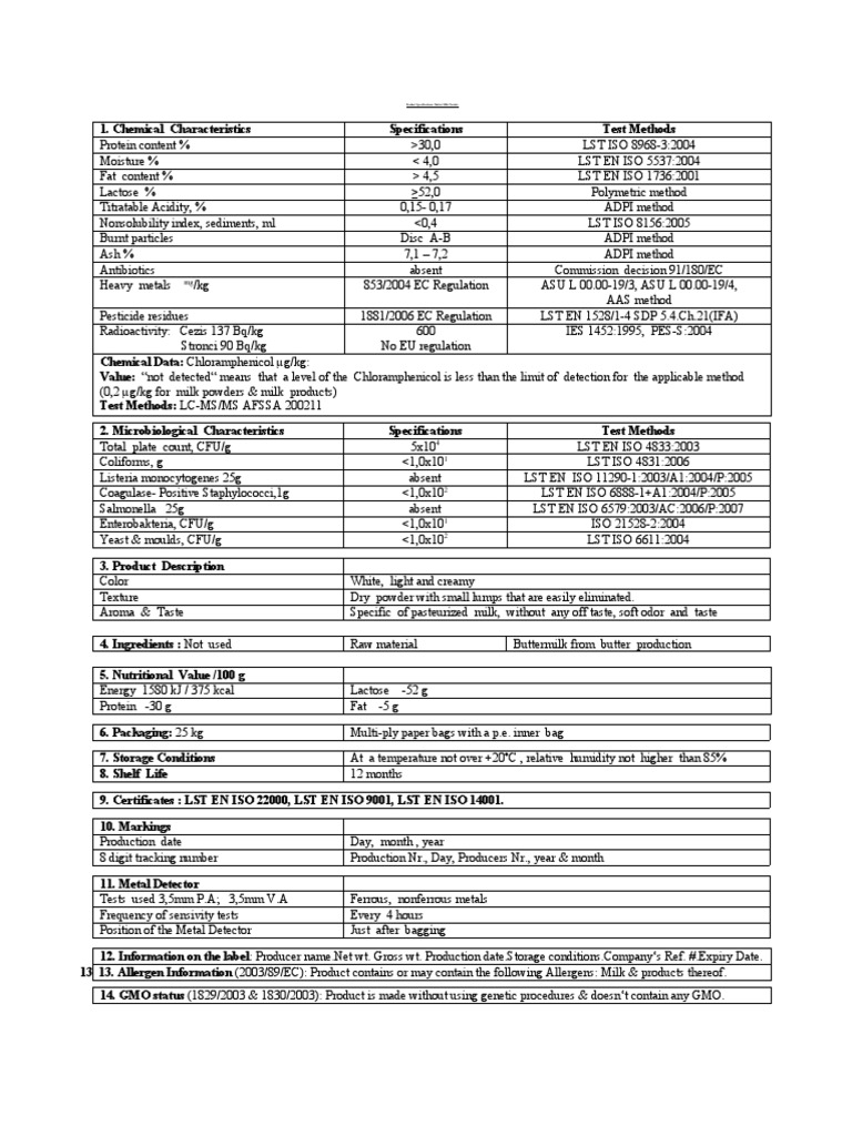 Product Specifications: Butter Milk Powder | PDF | Milk | Food And Drink