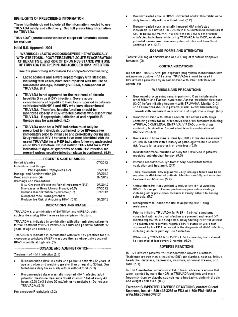 Truvada Information | PDF | Management Of Hiv/Aids | Renal Function