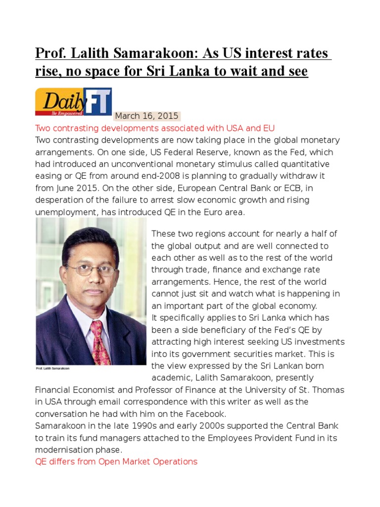 Prof. Lalith Samarakoon As US Interest Rates Rise, No Space For Sri ...