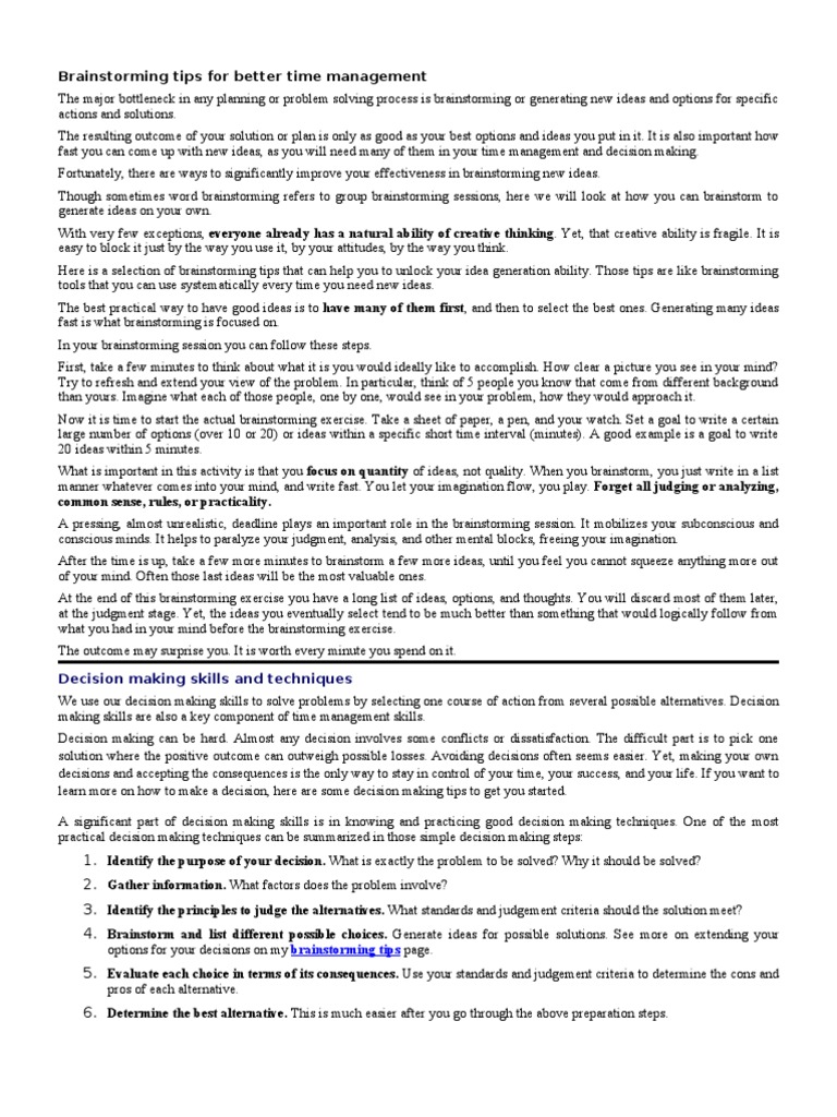 Brainstorming Tips For Better Time Management | PDF | Brainstorming ...