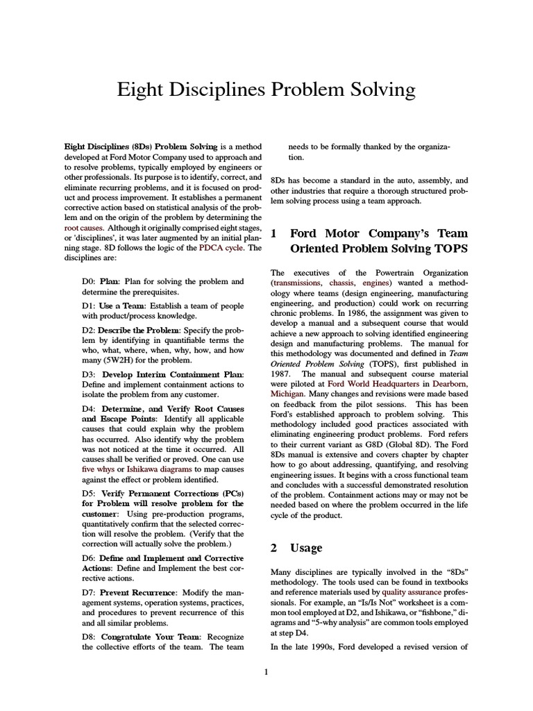 Eight Disciplines Problem Solving | PDF | Systems Science | Quality