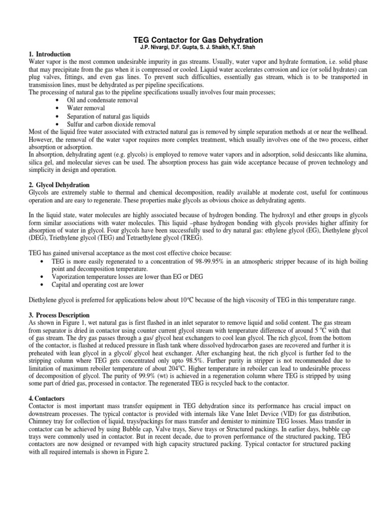 TEG Contactor For Gas Dehydration: J.P. Nivargi, D.F. Gupta, S. J ...