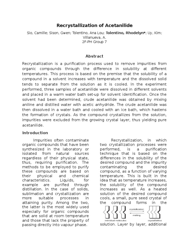 Recrystallization of Acetanilide Formal Report | PDF | Solubility | Solvent