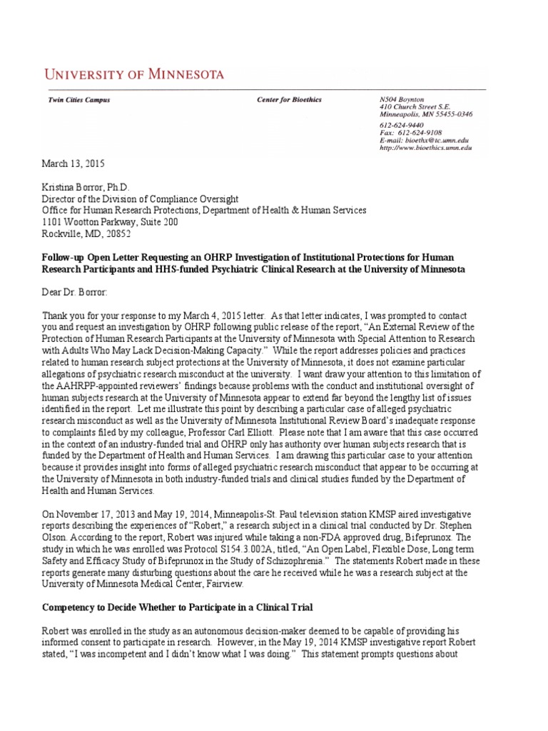 March 13, 2015 Letter To Dr. Kristina Borror at OHRP | PDF | Clinical ...