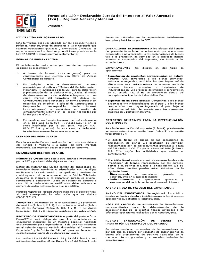 Instructivo Formulario 120 IVA | PDF | Impuesto al valor agregado ...