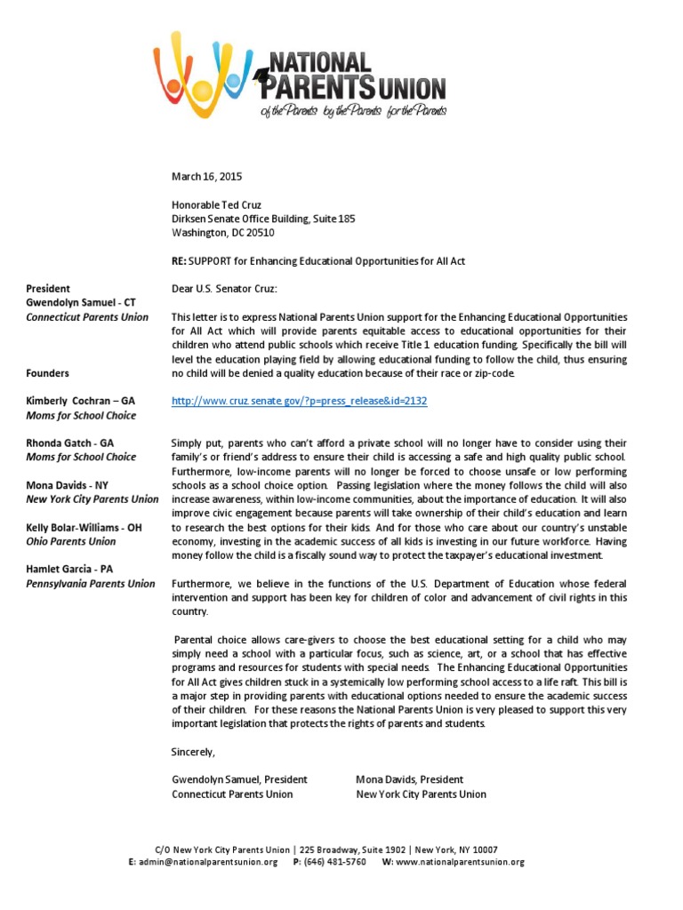 Letter of Support To Senator Ted Cruz Enhancing Educational ...