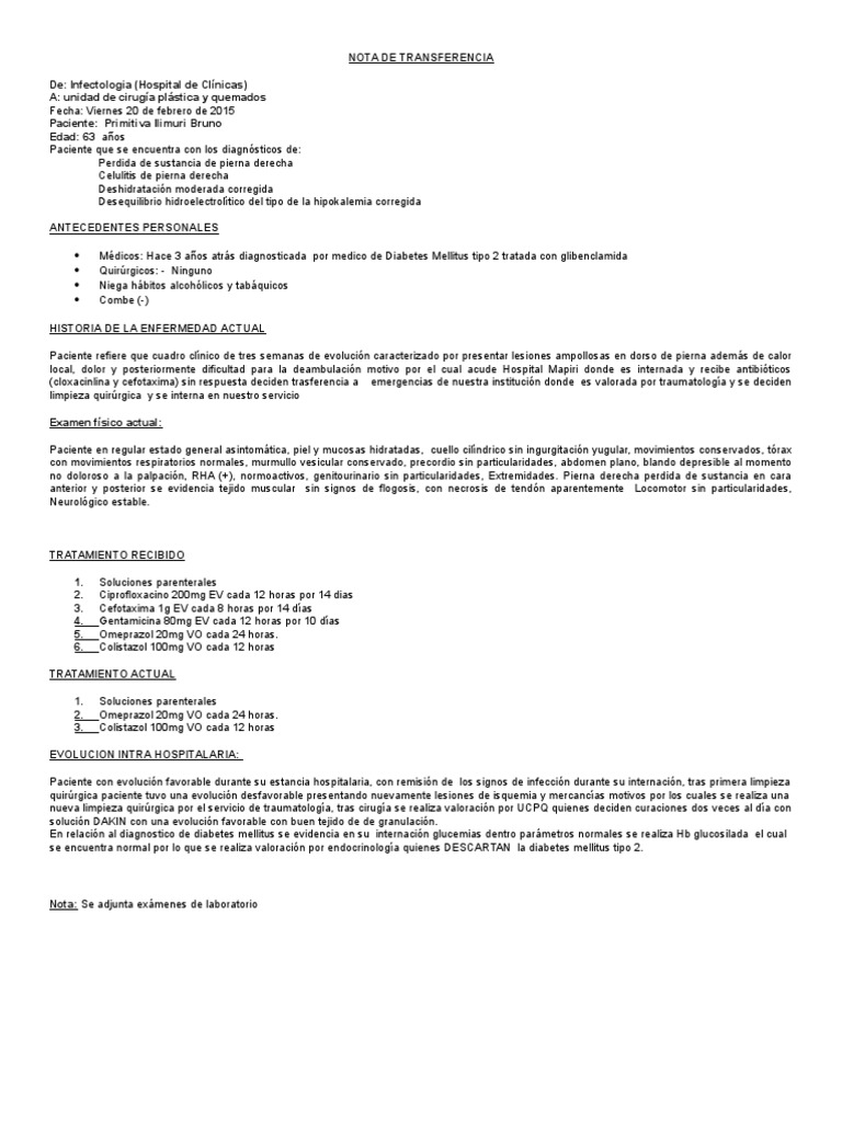 Nota de Transferencia | PDF | Diabetes mellitus | Medicina CLINICA