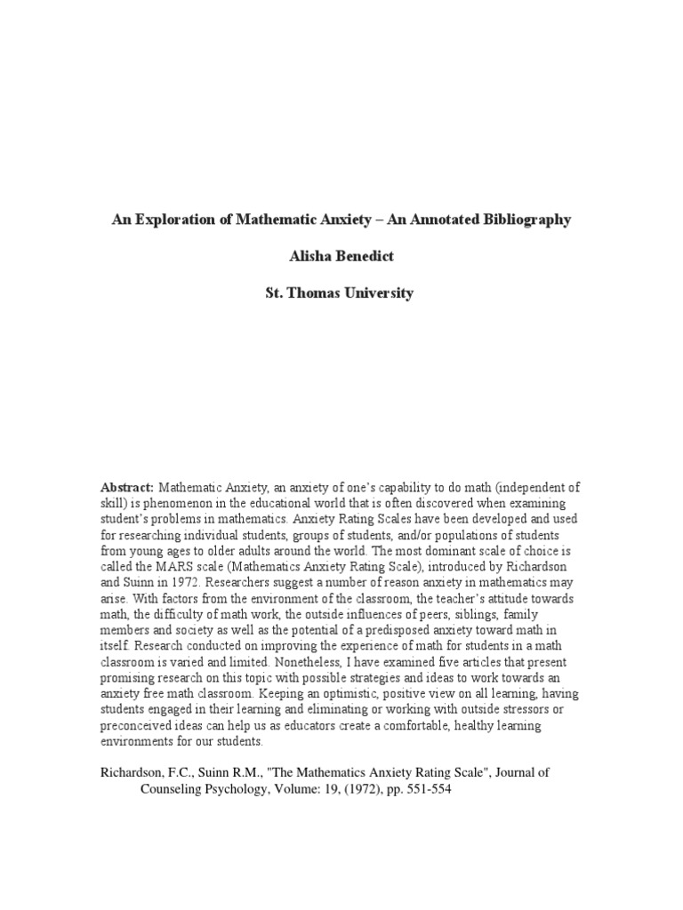 Mathematic Anxiety - Annotated Bibliography | PDF | Anxiety | Teaching ...