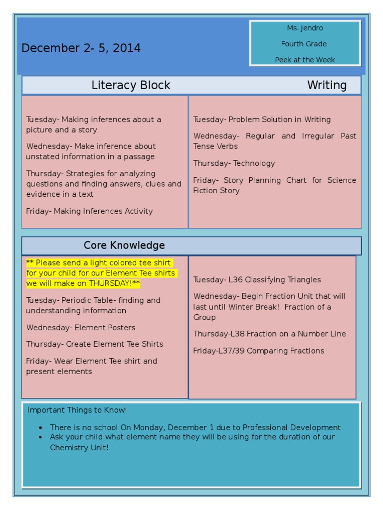 Fourth Grade Weekly Lesson Overview | PDF