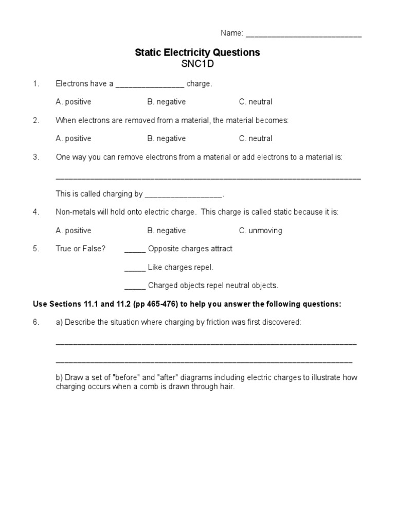 Static Electricity Worksheet and Answers | PDF | Electric Charge ...