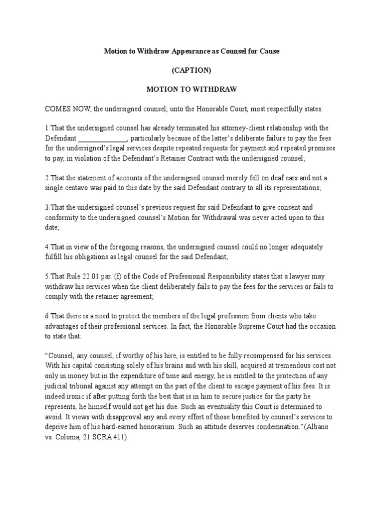 Motion To Withdraw Appearance As Counsel For Cause | PDF | Lawyer | Public Law