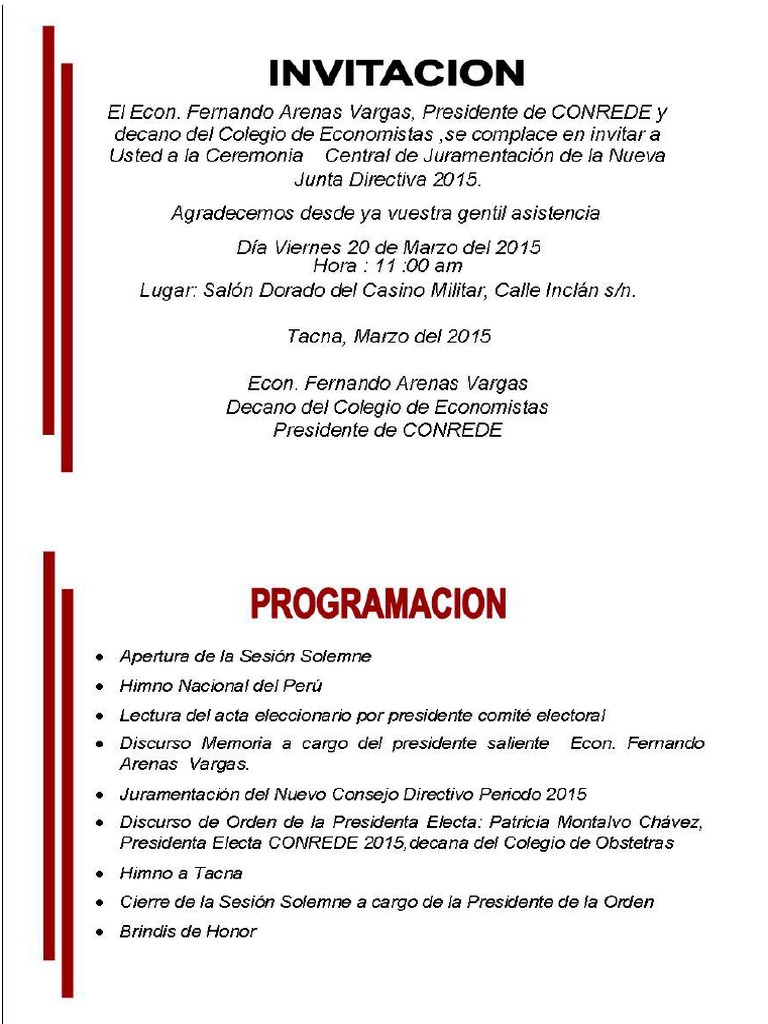 Invitación a la Ceremonia de Juramentación CONREDE Tacna 2015. Invitación a la Ceremonia de Juramentación CONREDE Tacna 2015.
