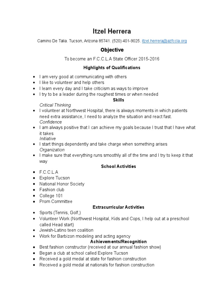 Itzel Herrera's FCCLA Officer Application | PDF | Career & Growth ...
