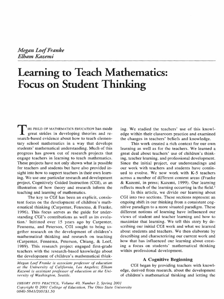 Theory Into Practice | PDF | Teachers | Learning