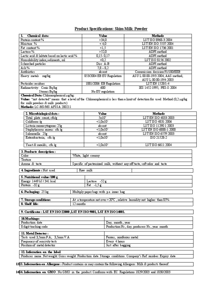 Product Specifications: Skim Milk Powder | PDF | Milk | Nutrition